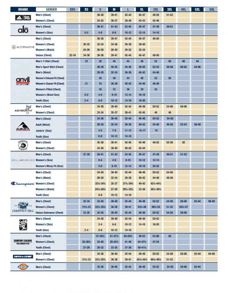 Sizing Charts - Eagle Graphics LLC